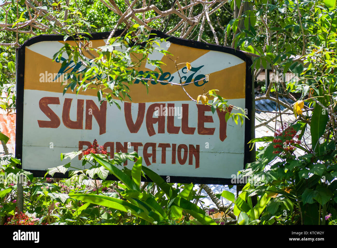 Entrance sign to Sun Valley plantation, Jamaica Stock Photo - Alamy