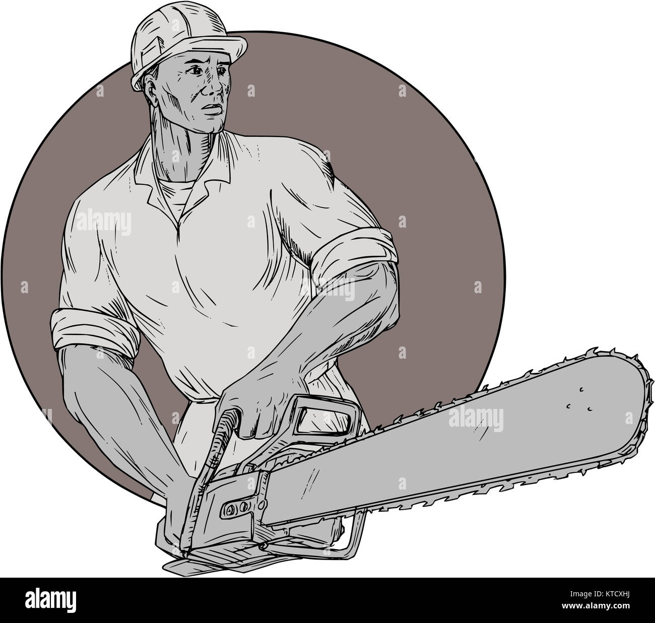 Lumberjack Arborist Holding Chainsaw Oval Drawing Stock Photo - Alamy
