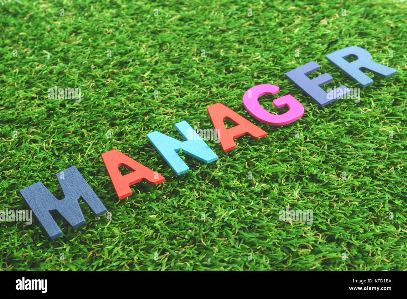 Colorful Wooden Alphabet Word manager on green grass background Stock ...