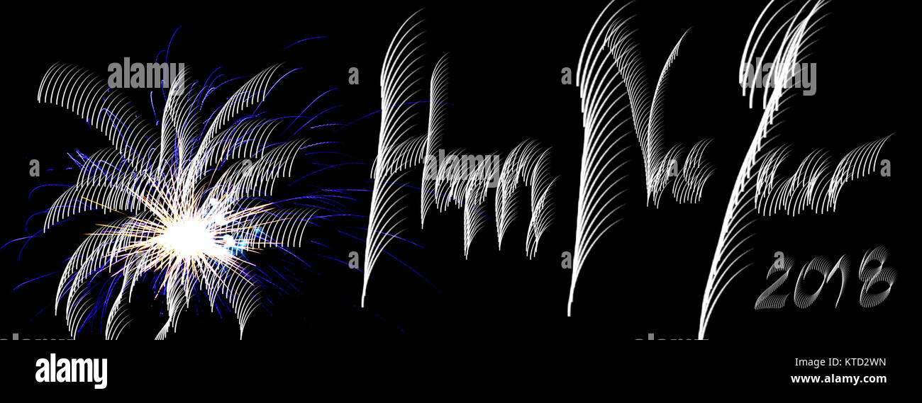 amazing fireworks in the black sky, with handwritten wishes Happy New ...