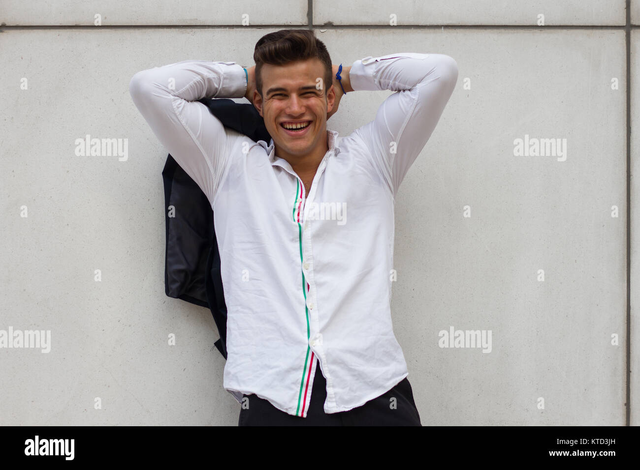 Handsome, white and strong business man posing in photos of business ...
