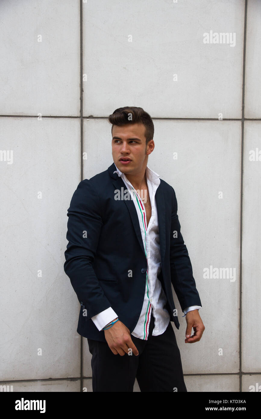 Handsome, white and strong business man posing in photos of business ...