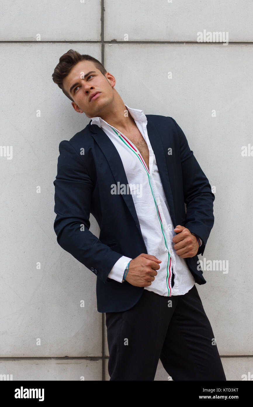 Handsome, white and strong business man posing in photos of business ...