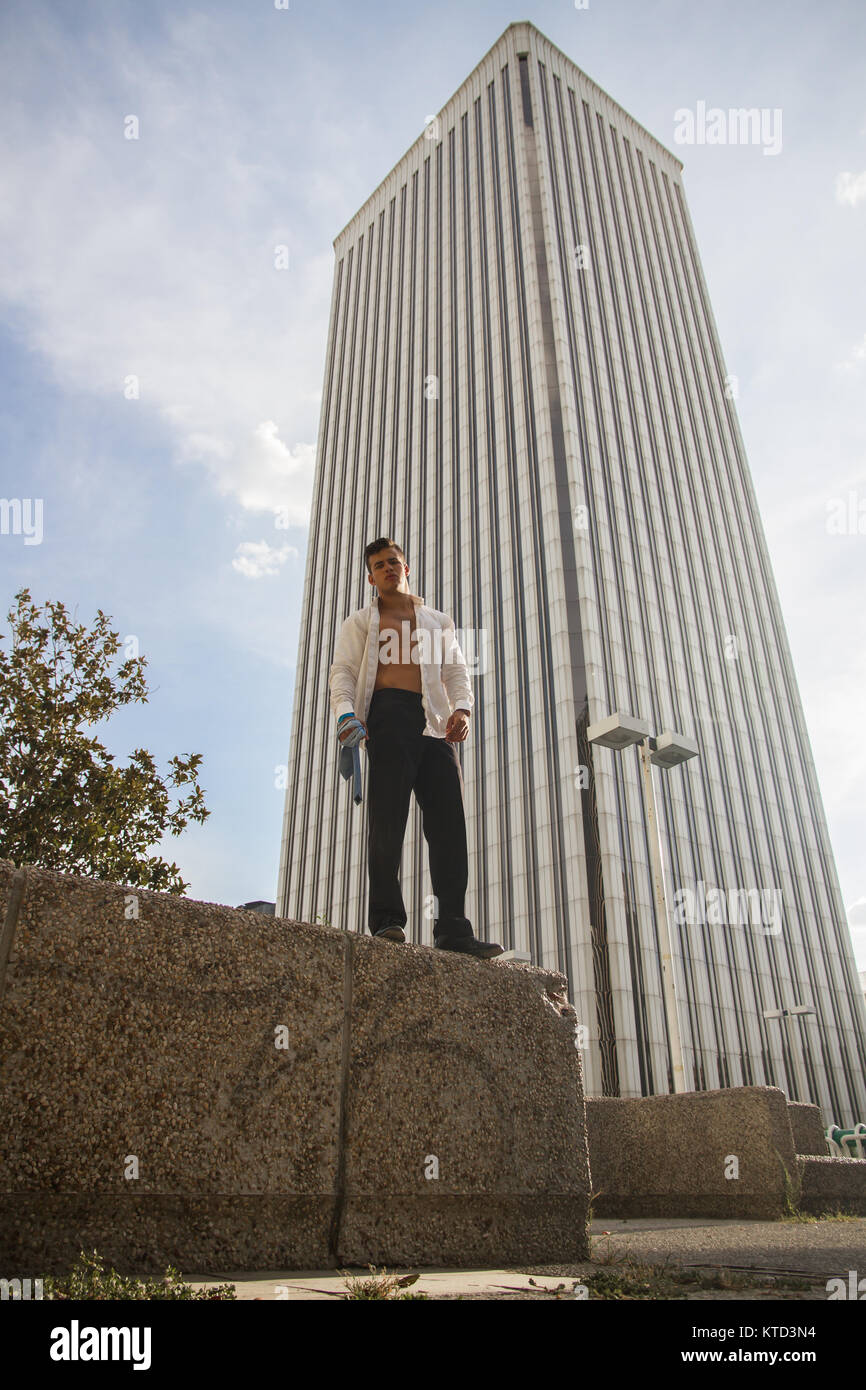Handsome, white and strong business man posing in photos of business ...
