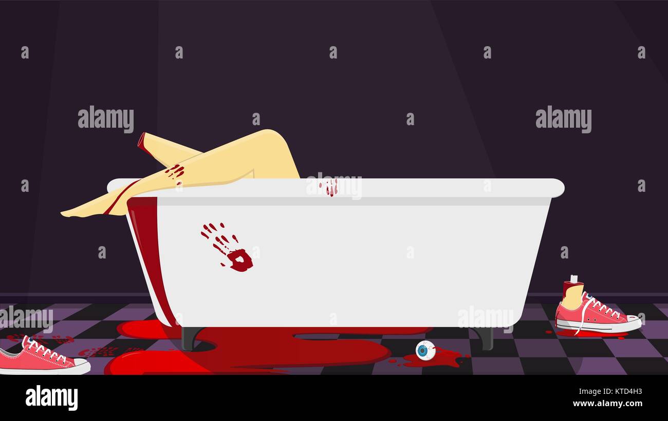 Bloody bathtub and cutting human feet on the purple check ground Stock ...