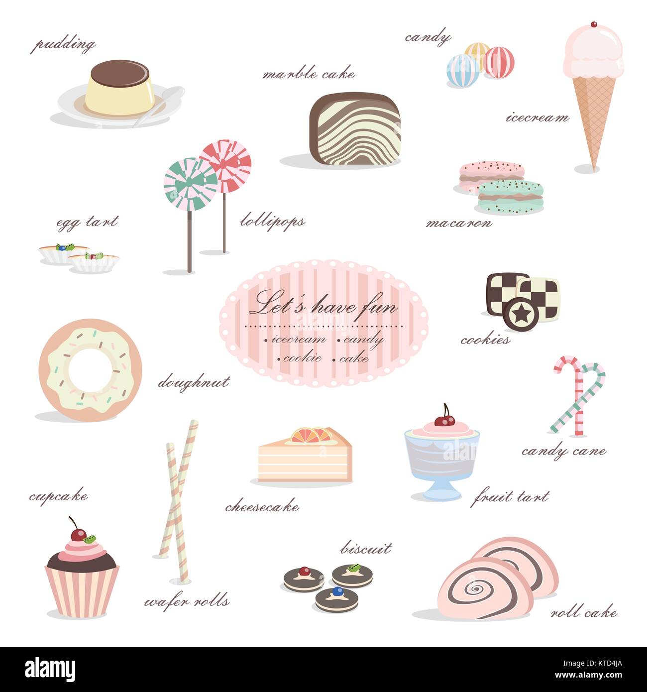 Delicious dessert collection of candy cake pudding ice cream and donut ...