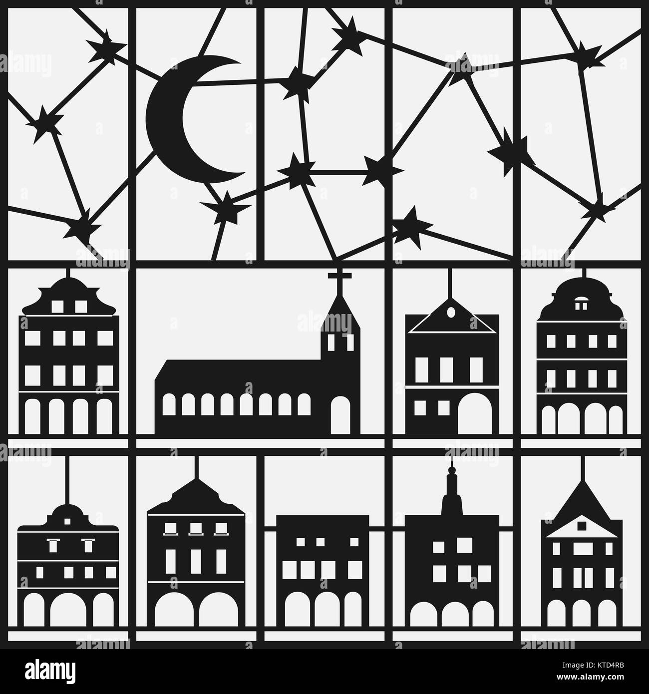 Window view of shadow night sky and house pattern in white background ...