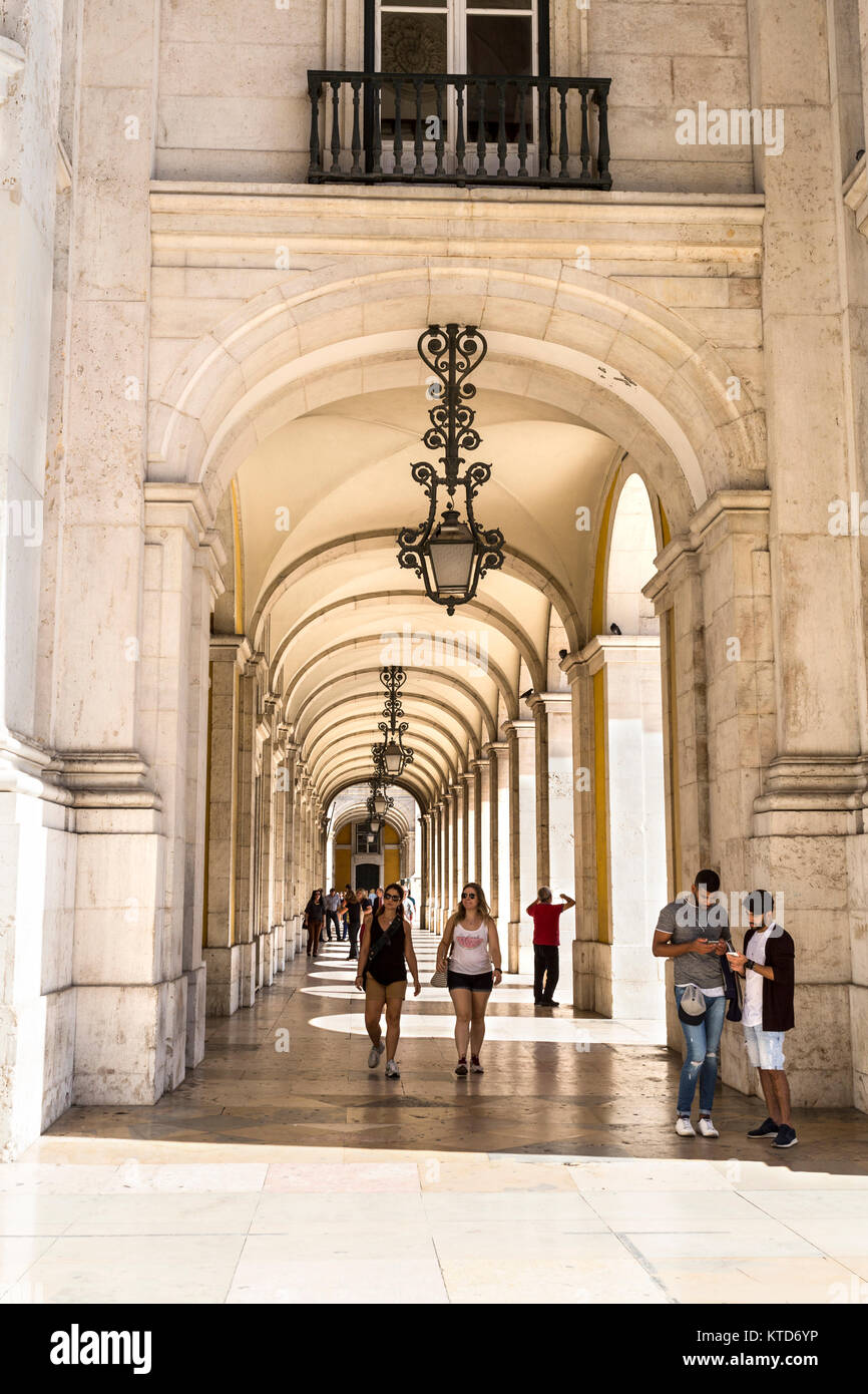Arcade along Commerce Square (Praca do Comercio) in the historic center ...