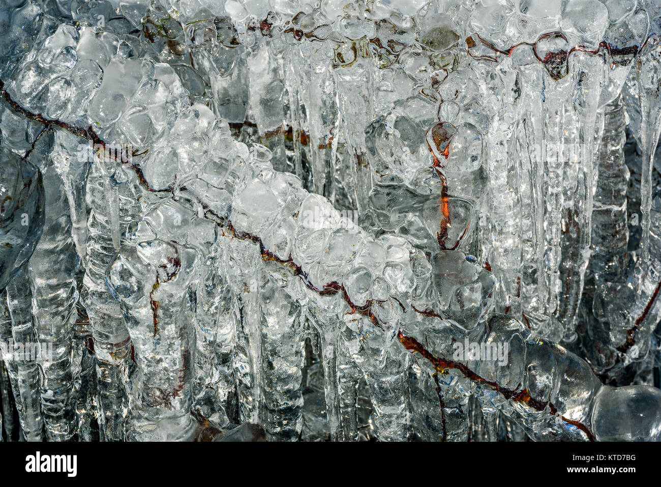 Icicle formations frozen on a stick over running water Stock Photo - Alamy