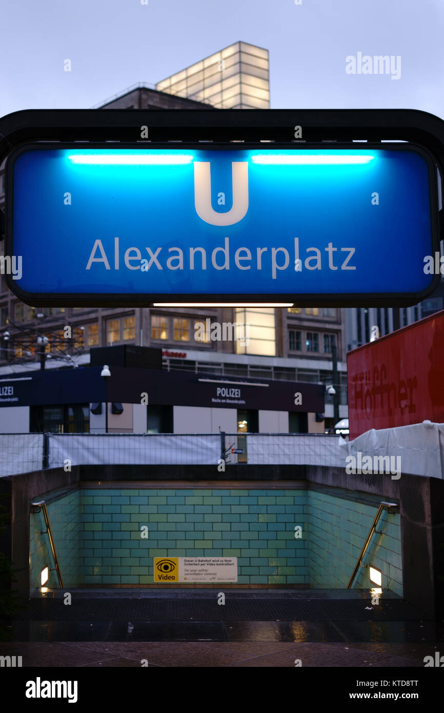Berlin, Germany - December 05, 2017: The illuminated blue subway sign ...