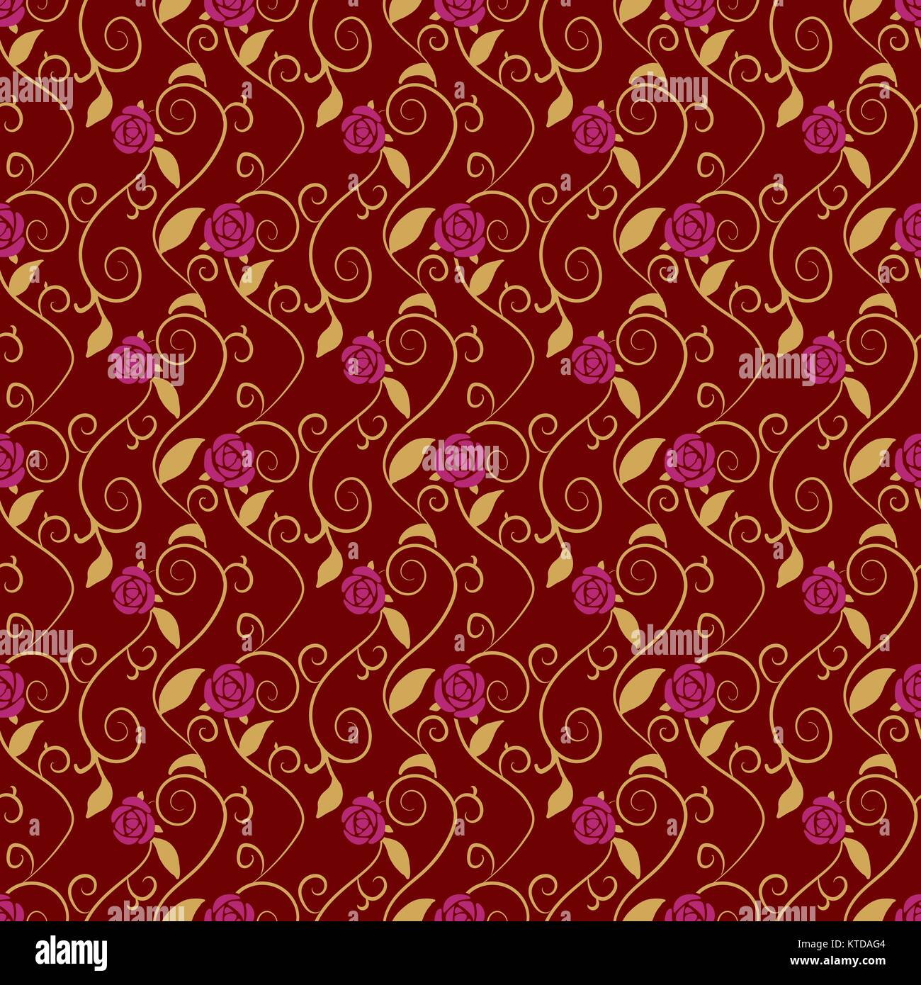 Seamless background spiral gold leaf vine purple pink rose flower Stock ...
