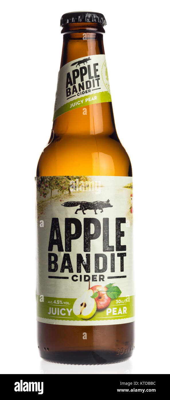 Bottle of Apple Bandit Juicy Pear cider isolated on a white background ...