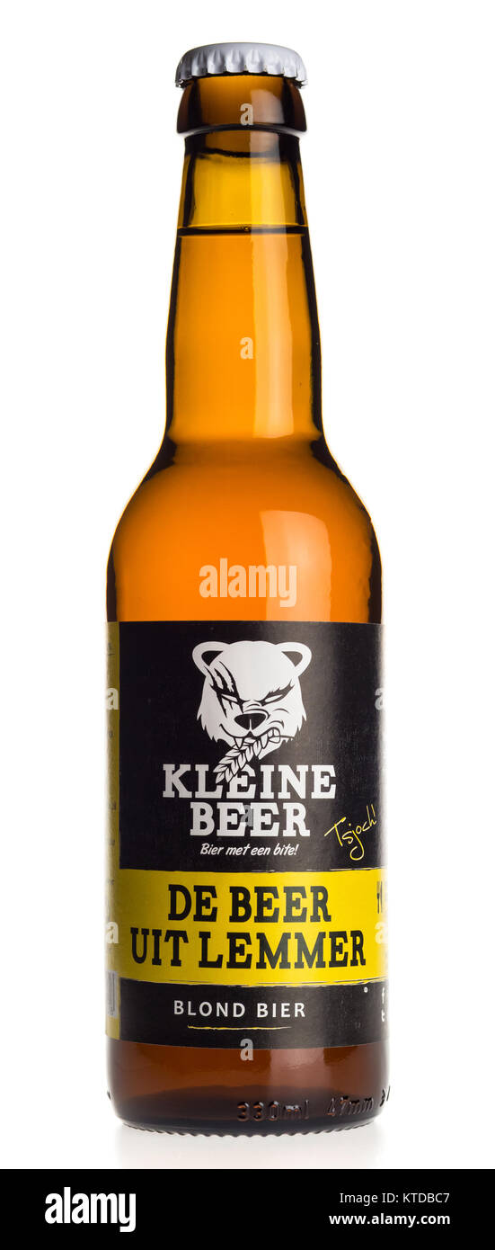 Bottle of Kleine Beer Blond beer isolated on a white background Stock ...