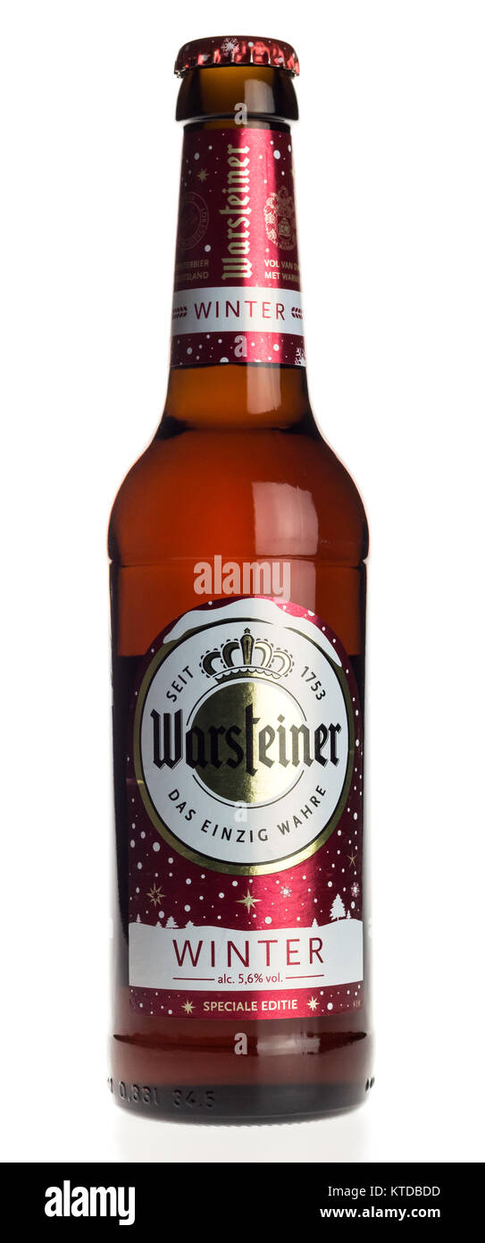 Bottle of German Warsteiner Winter beer isolated on a white background ...