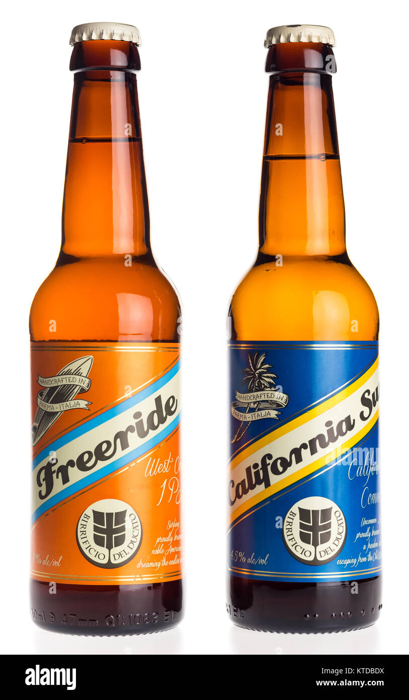 Bottles of Ducato Freeride and California Sun craft beers isolated on a ...