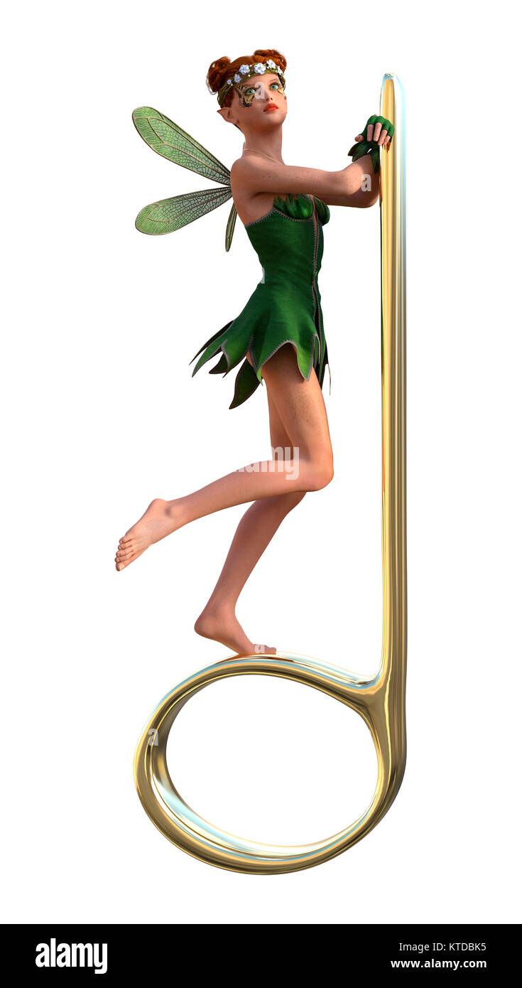 3D rendering of a green fairy standing a music note isolated on white ...