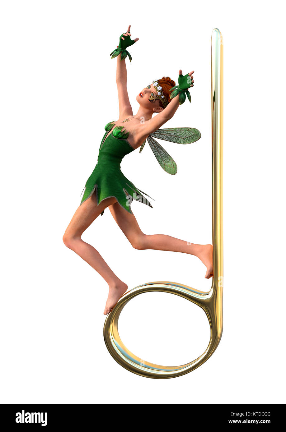 3D rendering of a green fairy standing a music note isolated on white ...