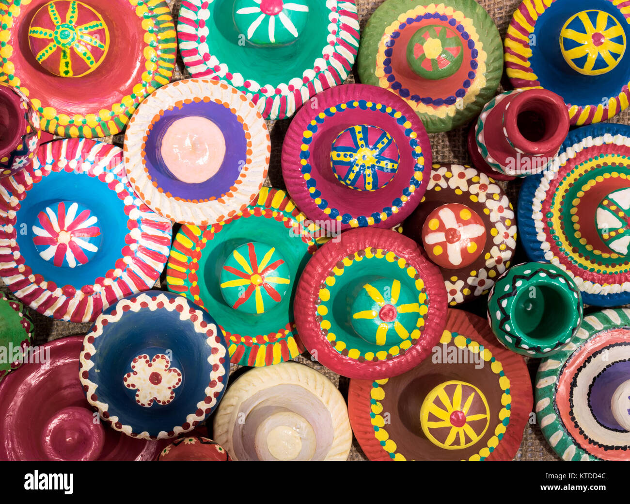 Top view featuring still life composition of handmade artistic painted ...