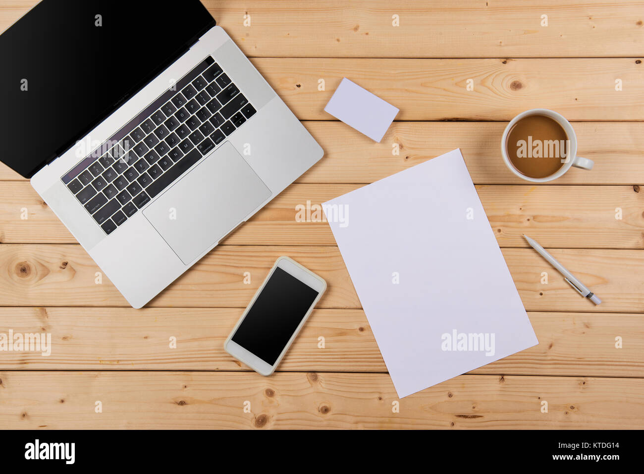 Working place, wooden table. Top view office corporate design mockup ...