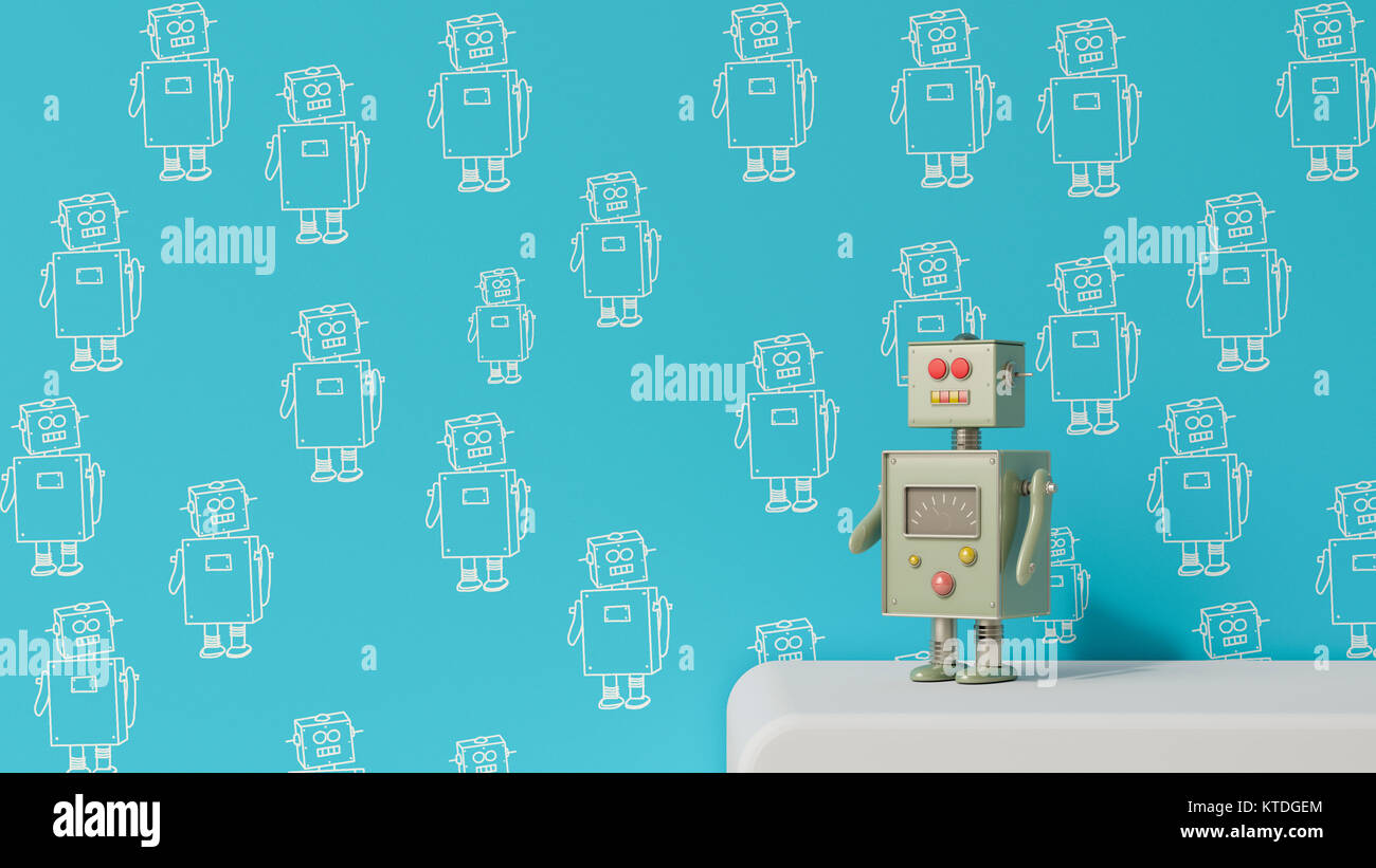 Male robot on sideboard in front of patterned wall paper, 3D rendering ...