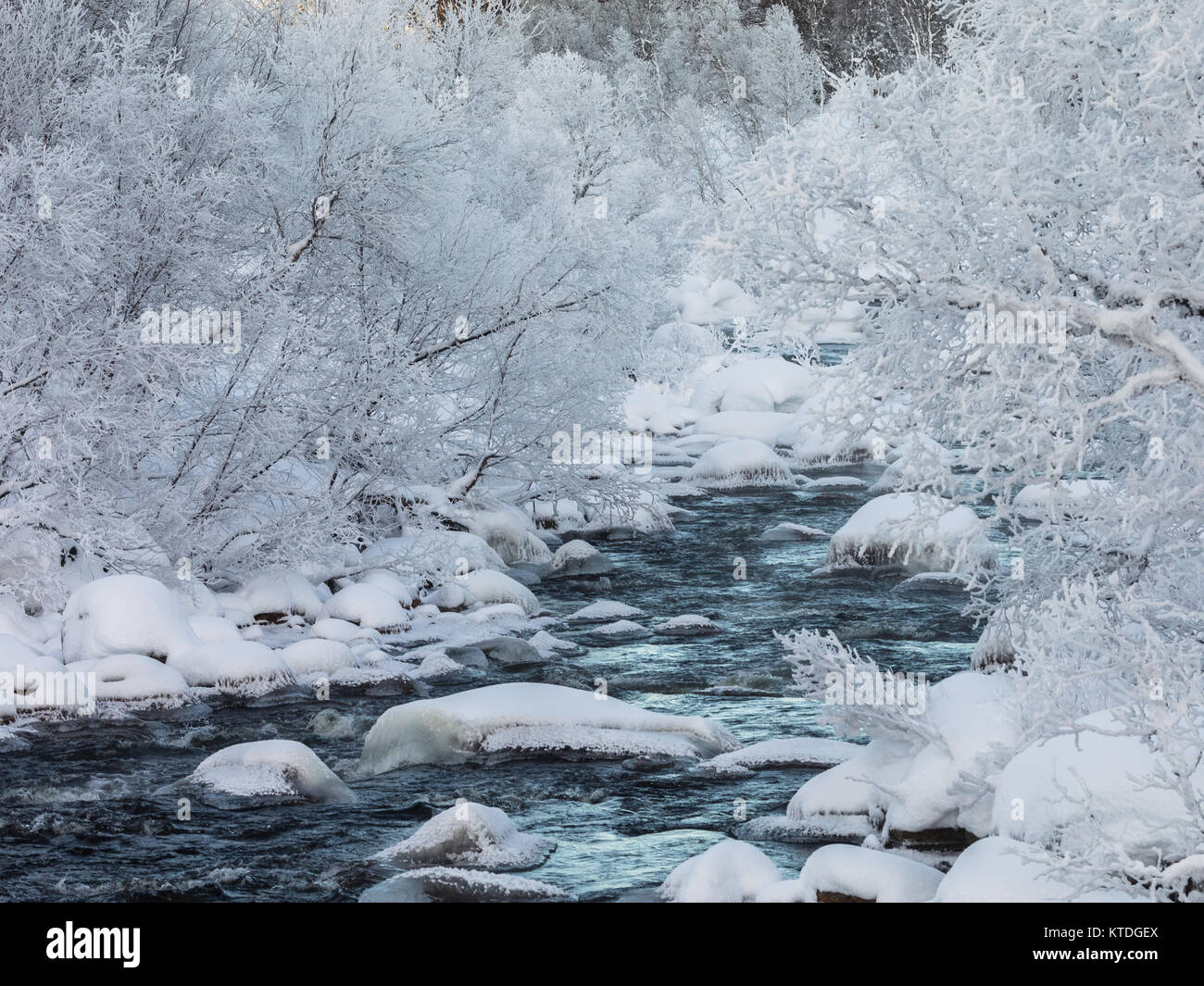 A streaming winter creek, snow and ice, river surrounded with snow ...