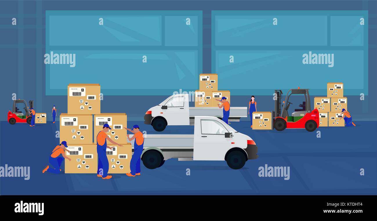 Professional workers load the goods in the warehouse using a forklift ...
