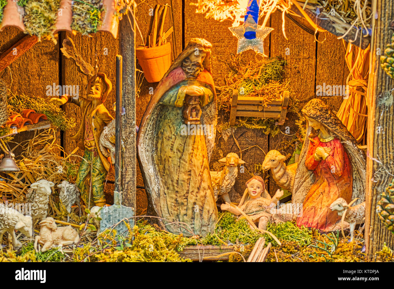 Christmas Nativity scene with The Holy Child, The Blessed Virgin Mary ...