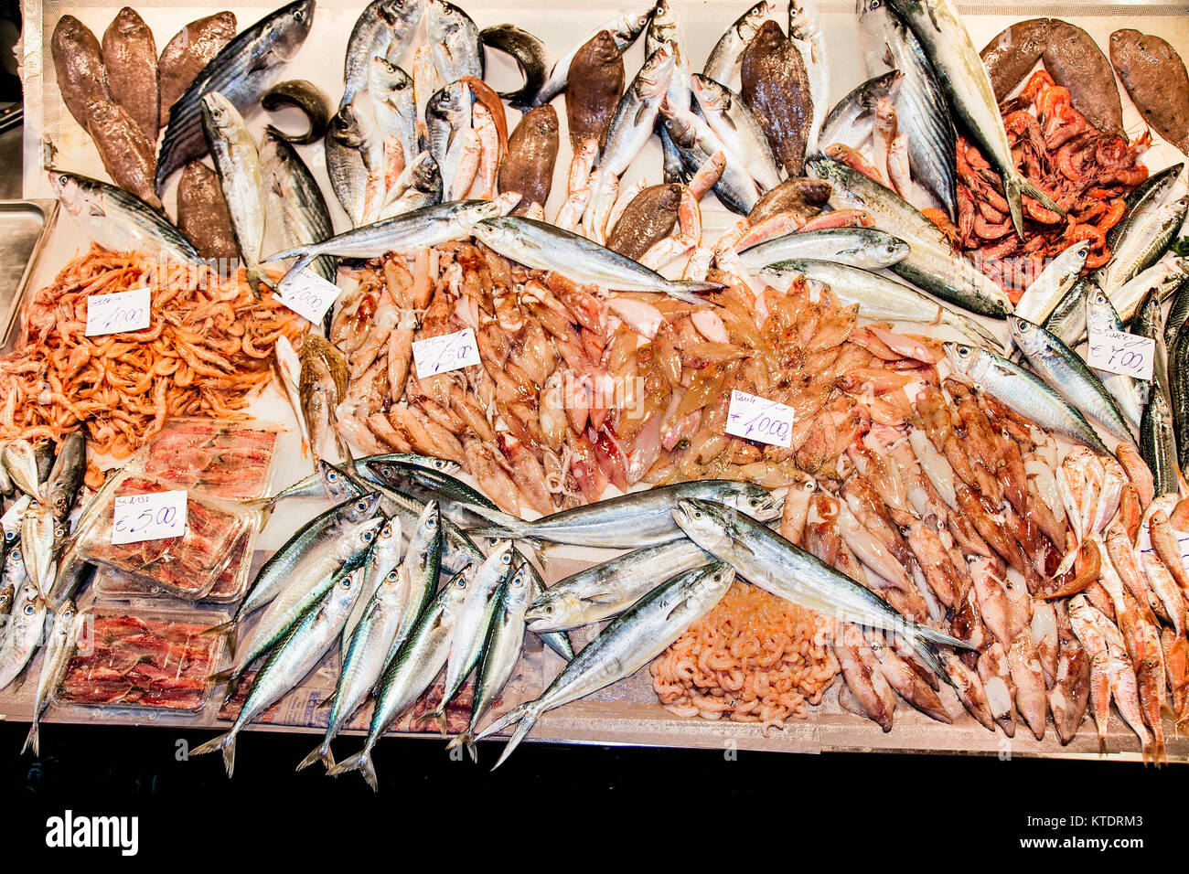 Offer of sea fishes on the market at Catania, Sicily, south Italy ...