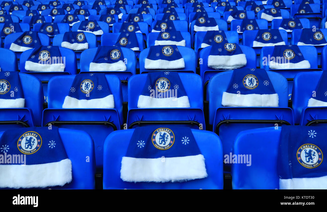 Blue Chelsea Santa hats in the away fans stand prior to the Premier ...