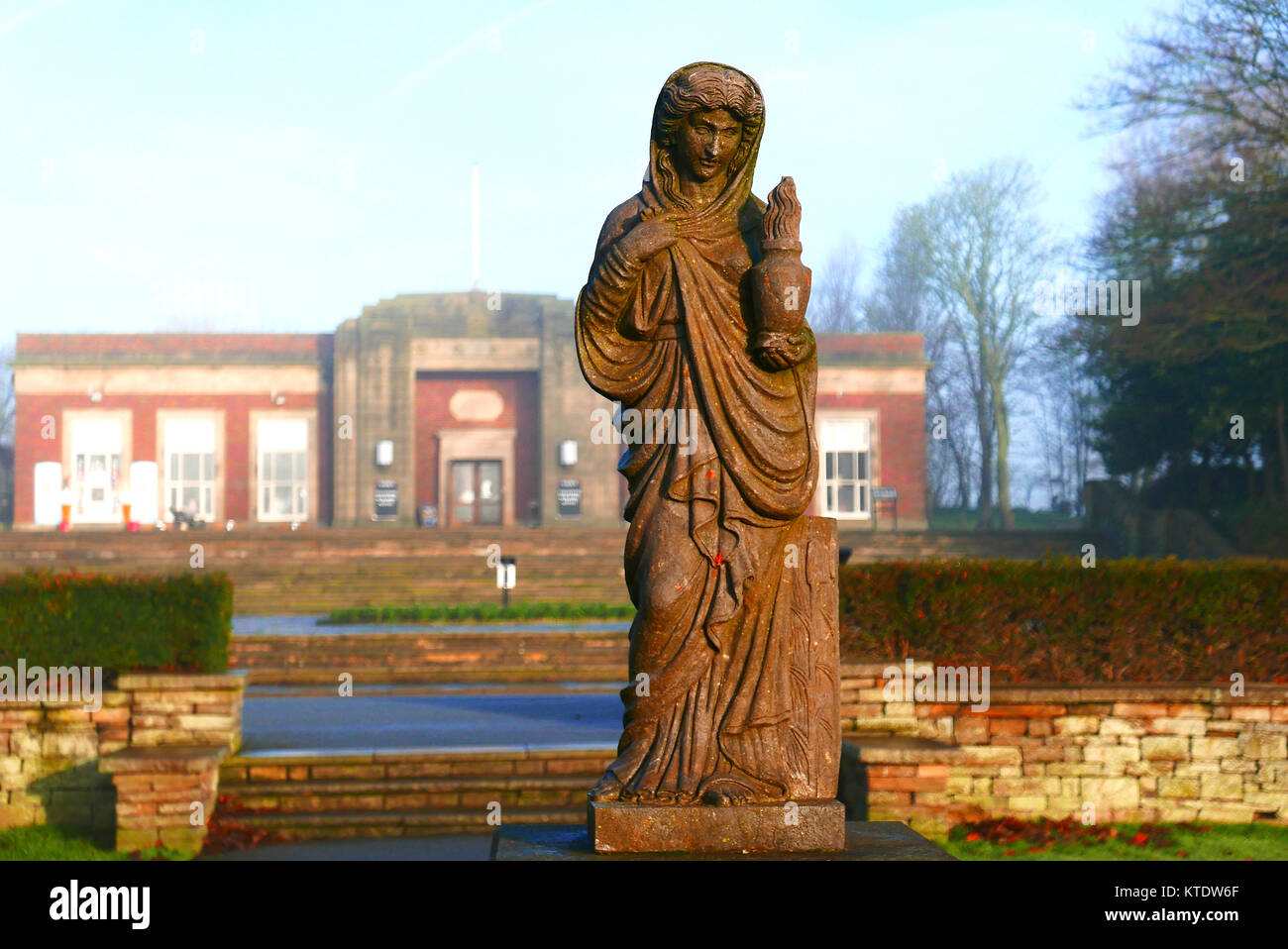 Statue of robed women in front of the Art Deco cafe in Stanley Park on ...