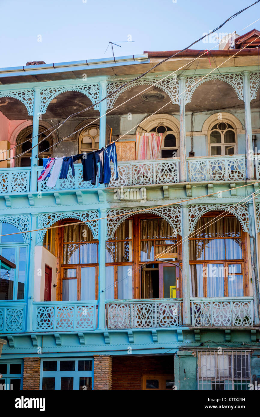Old style wooden Georgian balconies from the yard, Tbilisi, Georgia ...