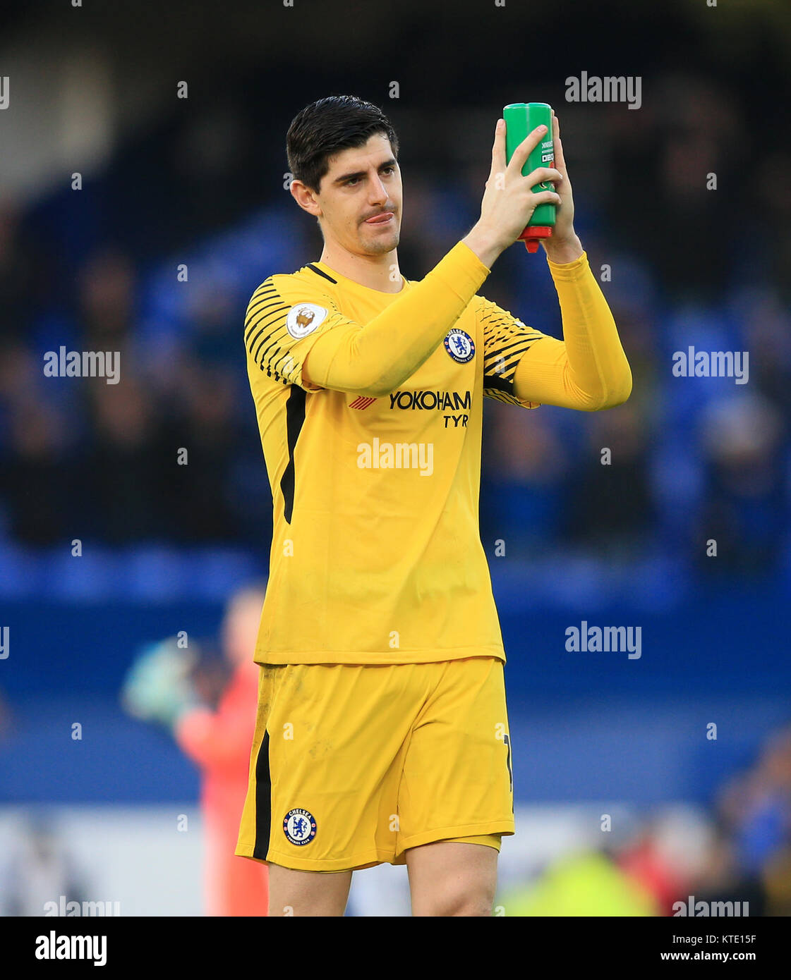Chelsea goalkeeper Thibaut Courtois gestures to the fans after the ...