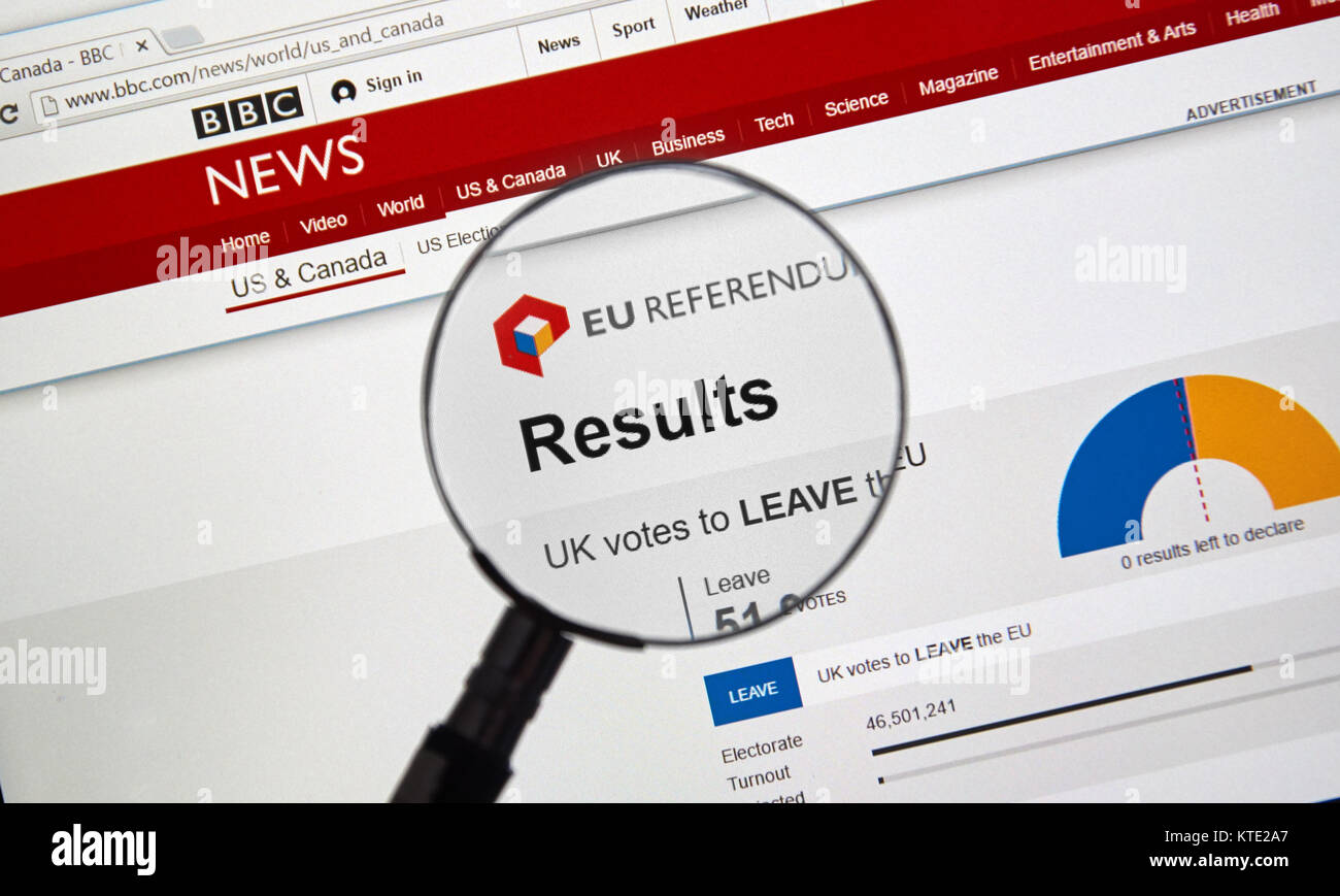 MONTREAL, CANADA - JUNE 24, 2016 : Brexit results on BBC news site ...