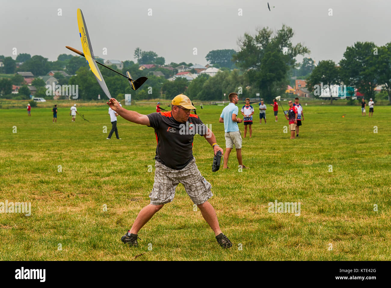 Lviv, Ukraine - July 23, 2017: Unknown aircraft modelers launches his ...