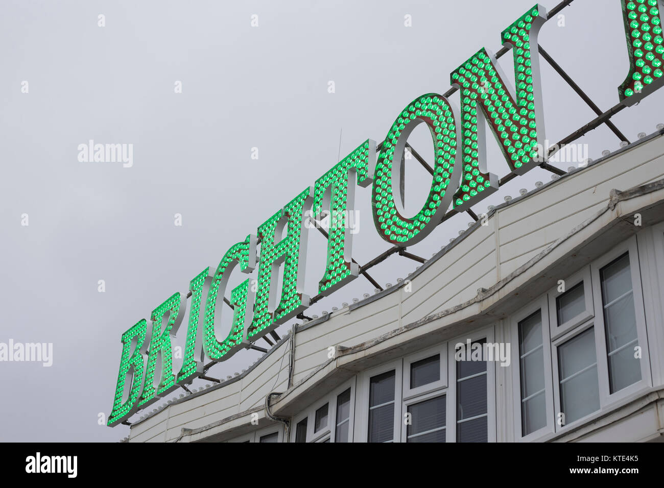 The word "Brighton" lit up on the pier at the British seaside resort of ...