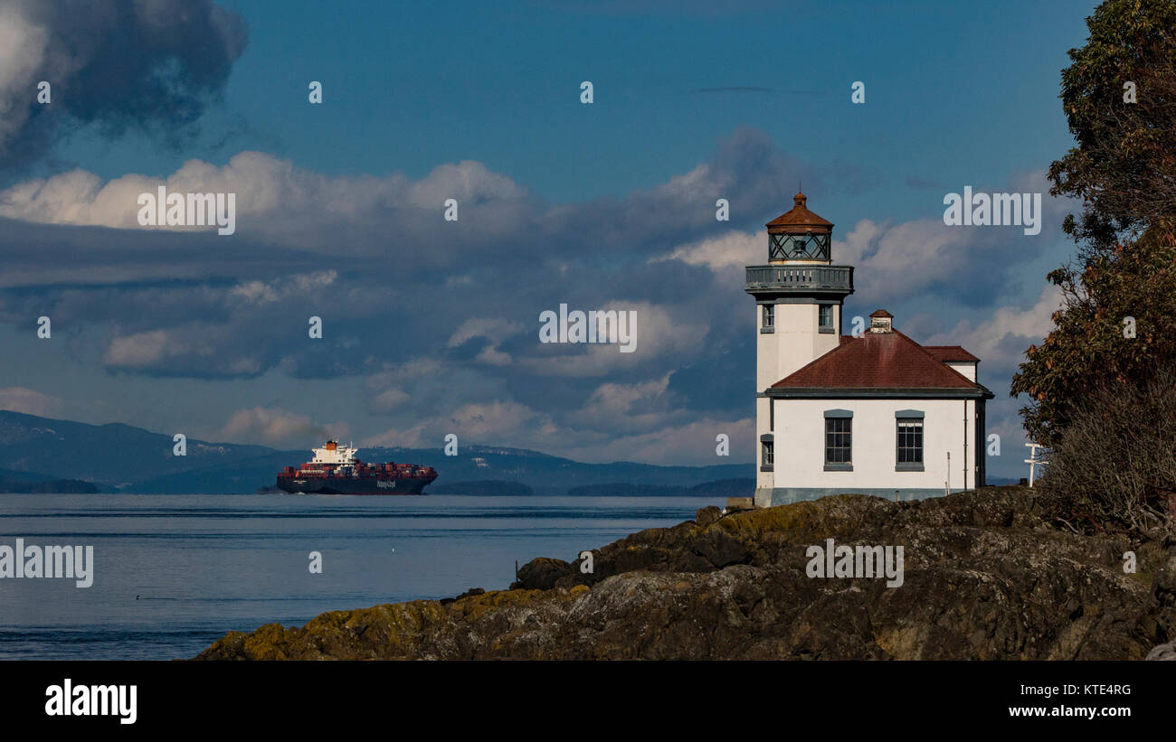 Container ship passing Lime Kiln Lighthouse, Friday Harbor, Washington ...