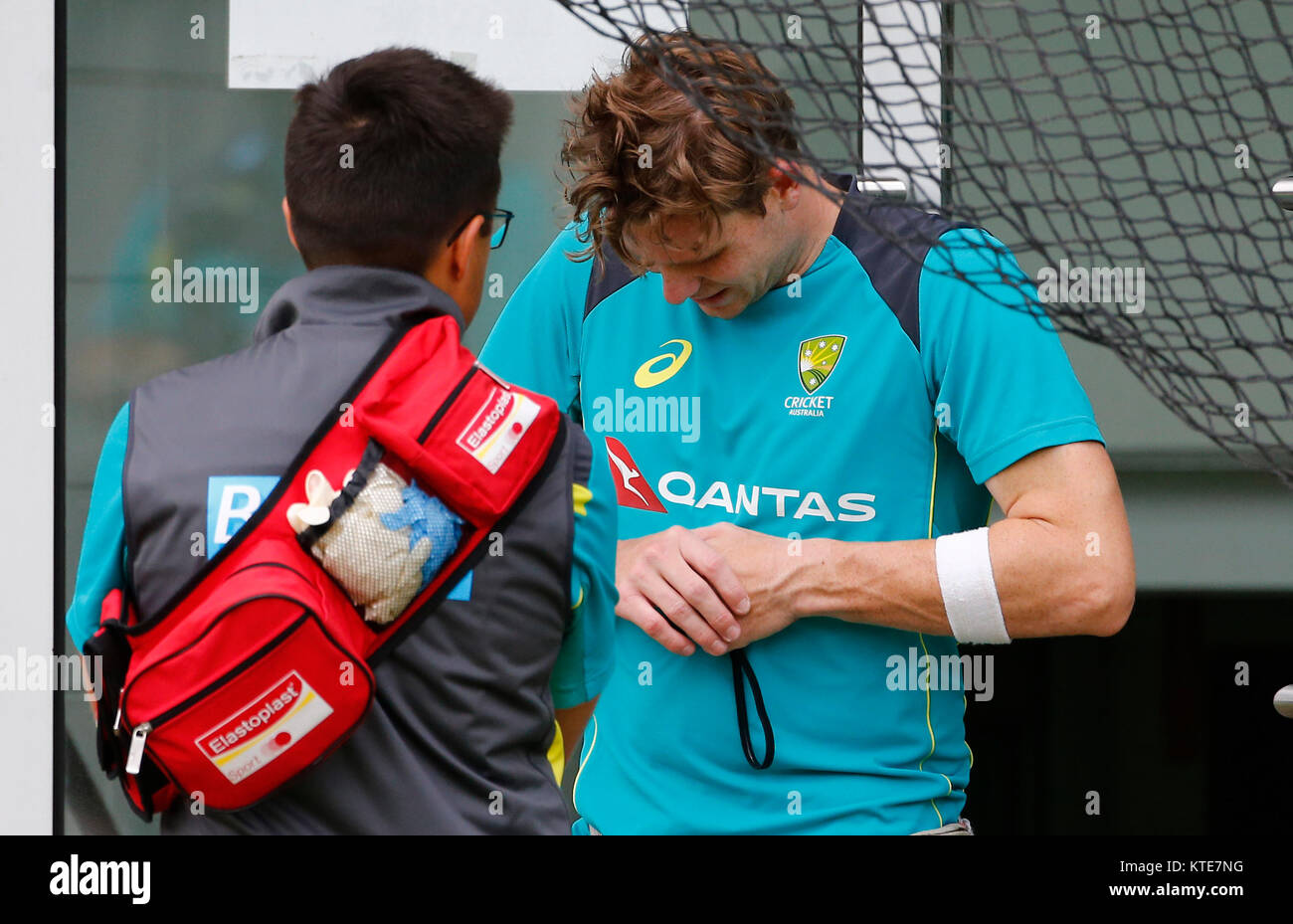 Australia's Steve Smith reacts after being hit on the hand during a ...