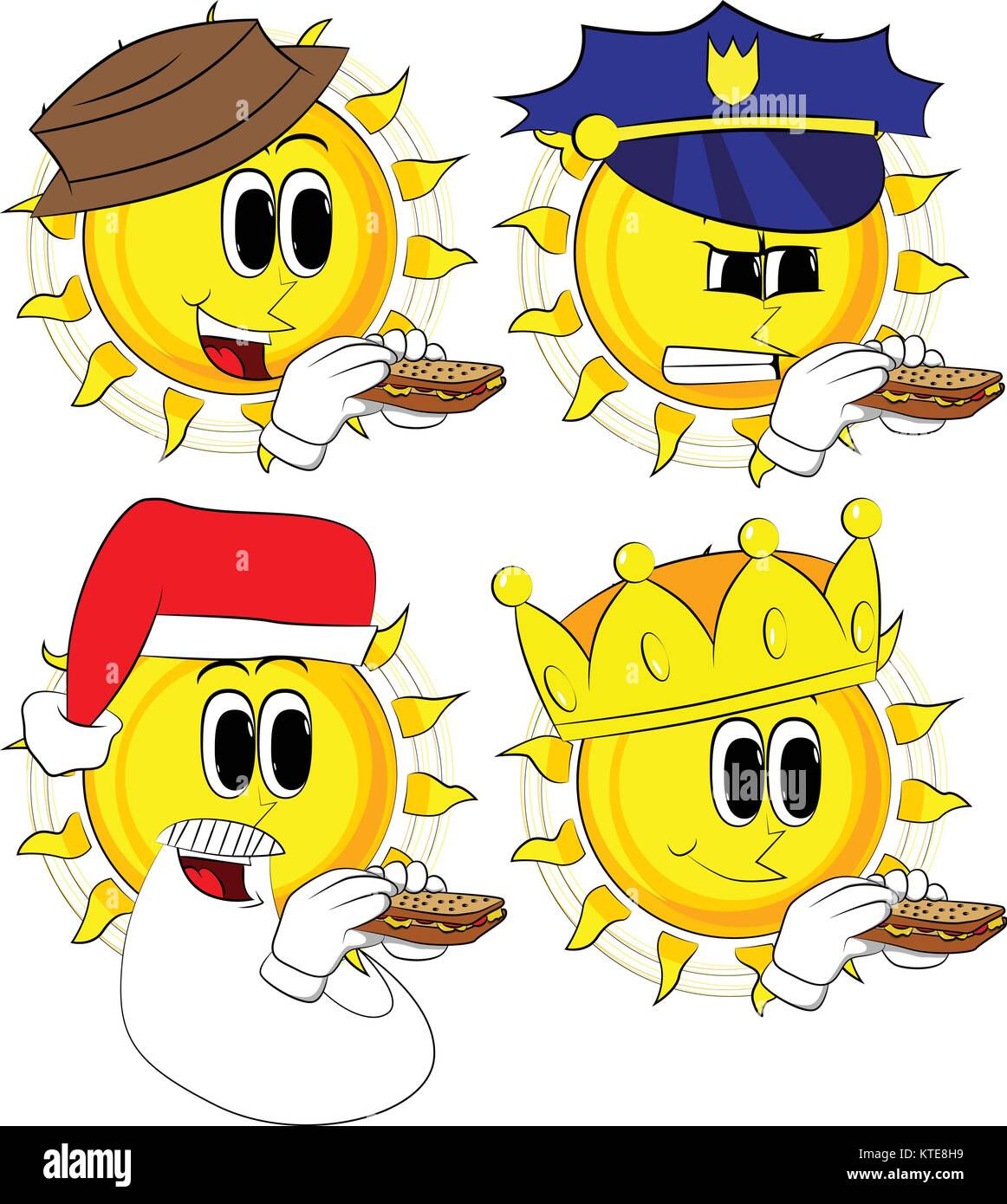 Cartoon sun eating a sandwich. Collection with costume. Expressions ...