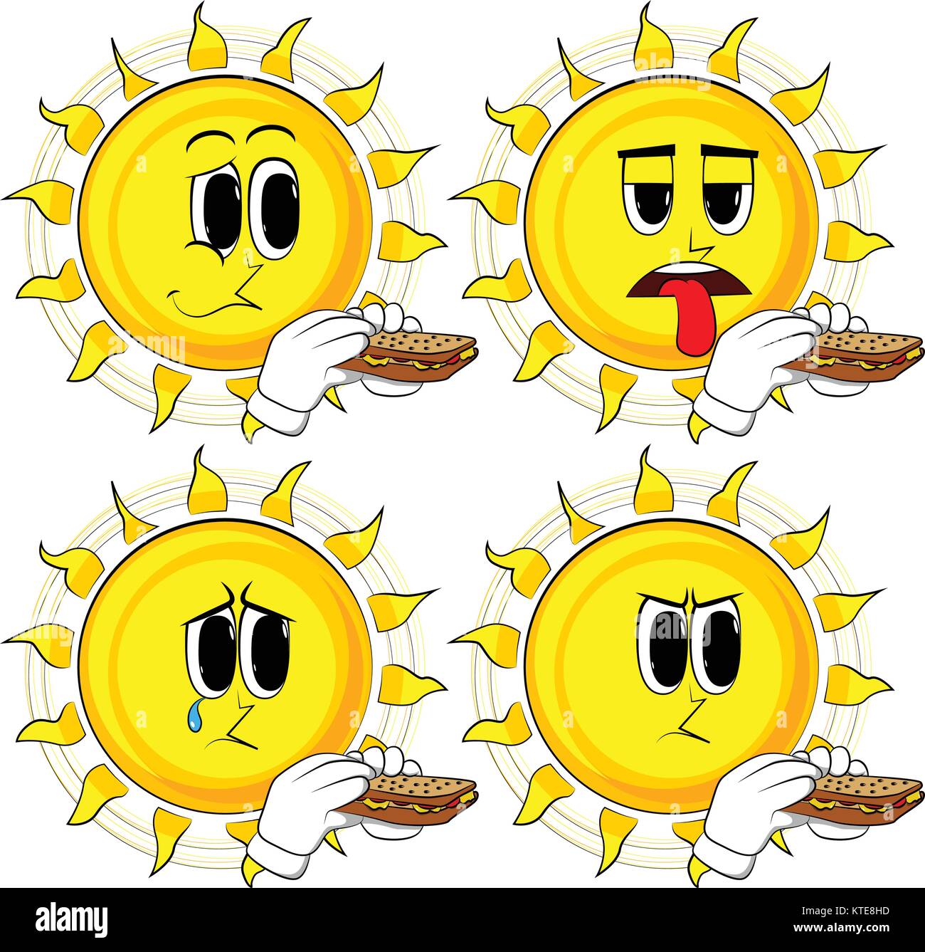Cartoon sun eating a sandwich. Collection with sad faces. Expressions ...