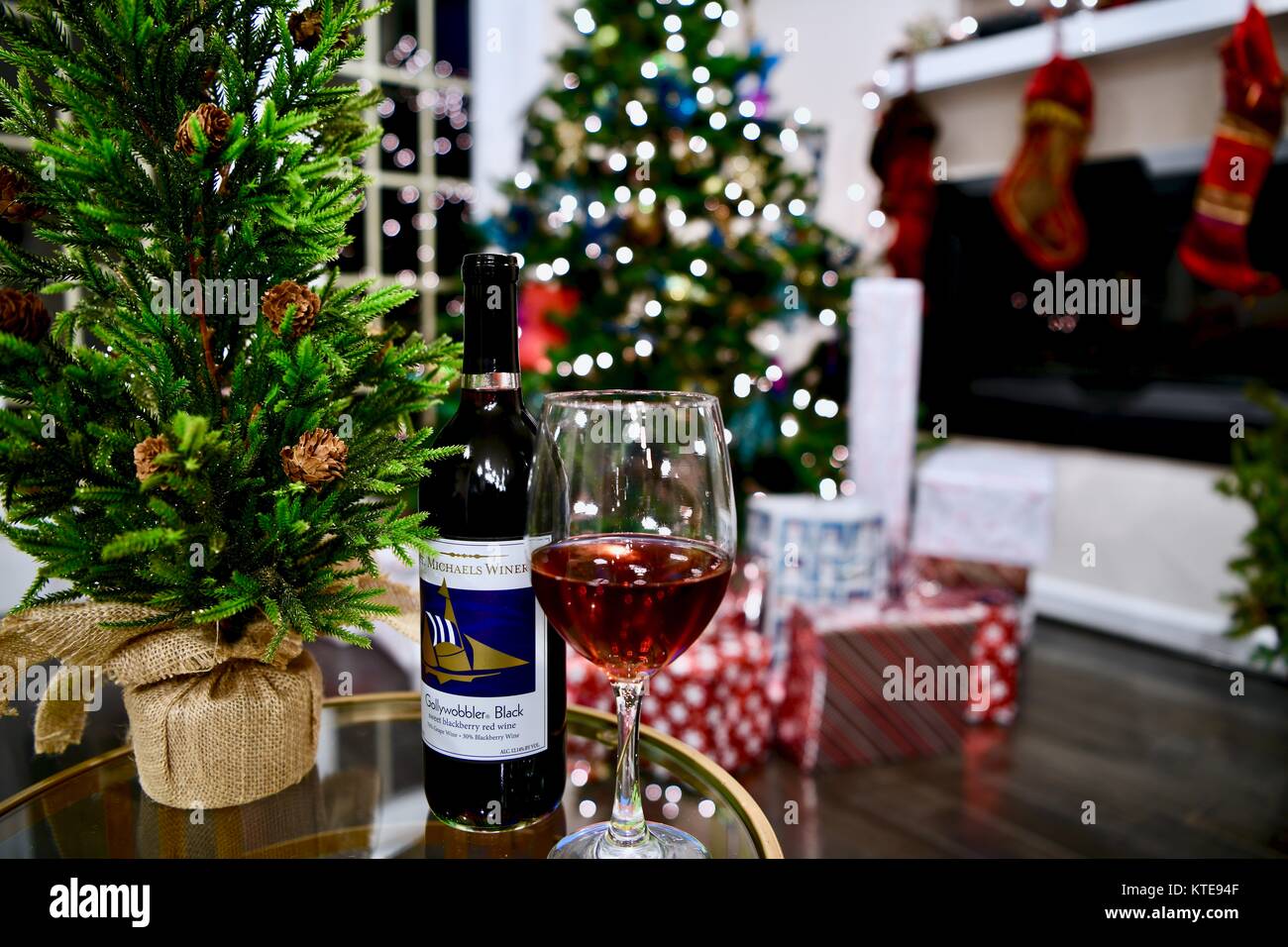 St. Michaels Winery Gollywobbler black wine on a table in a Christmas ...