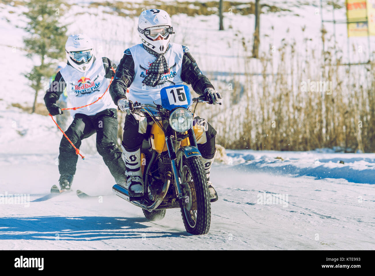 Latvia, City Cesis. Winter Red Bull motorcycle race. Snow, Red bull ...