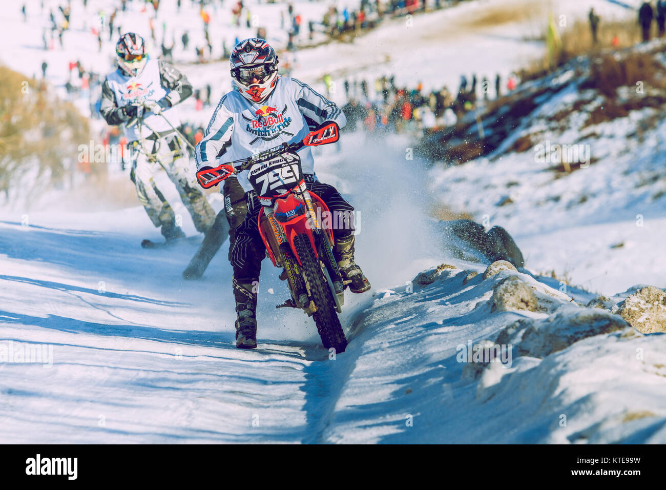 Latvia, City Cesis. Winter Red Bull motorcycle race. Snow, Red bull ...