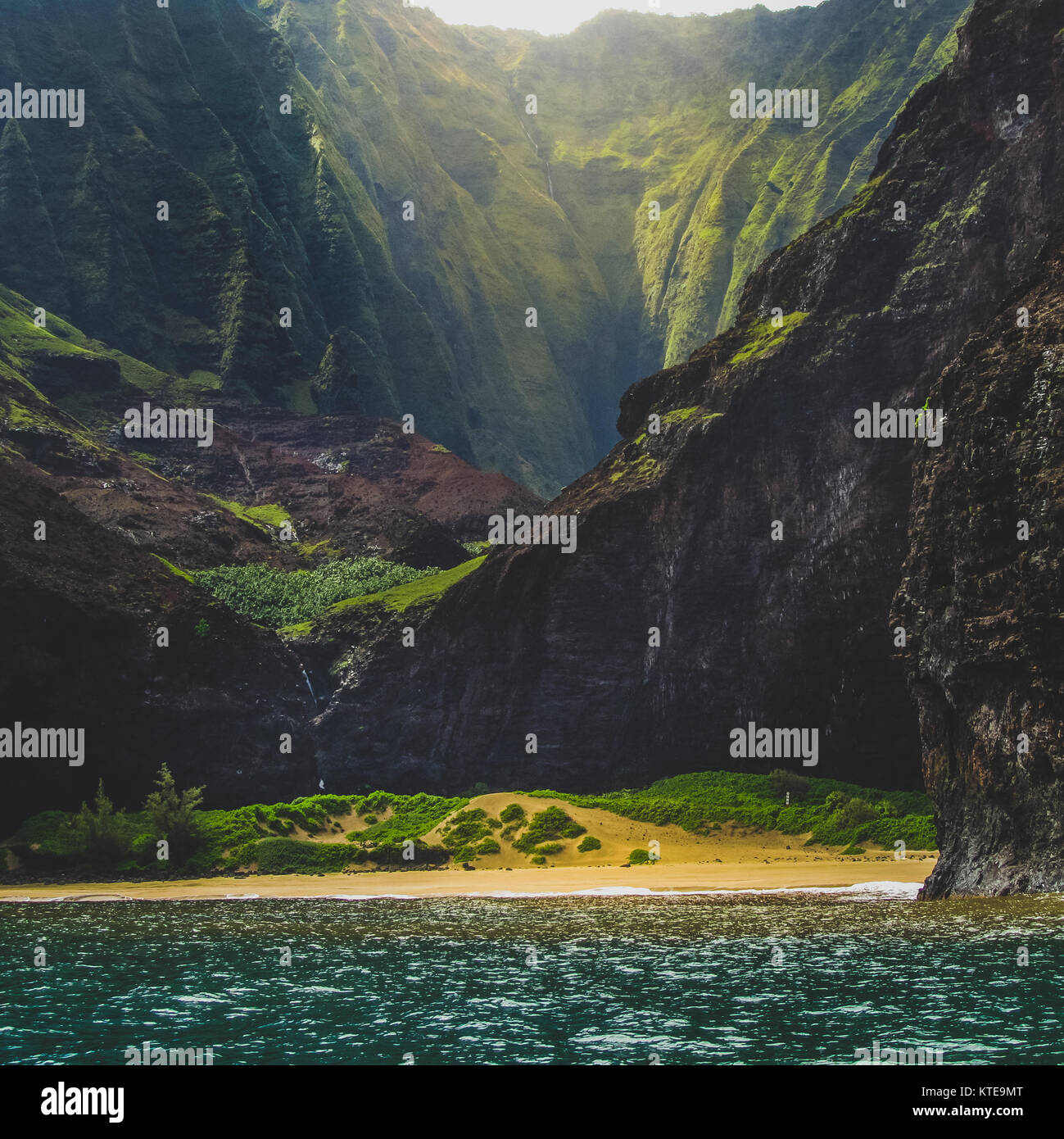 Stunning view of secluded Kalalau Beach and Kalalau Valley from a boat ...