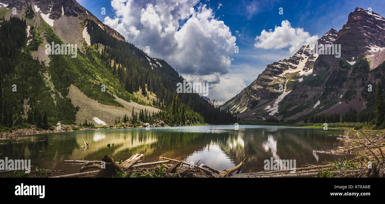 Panorama of Pyramid Peak (left), Maroon Bells (right), and Crater Lake ...