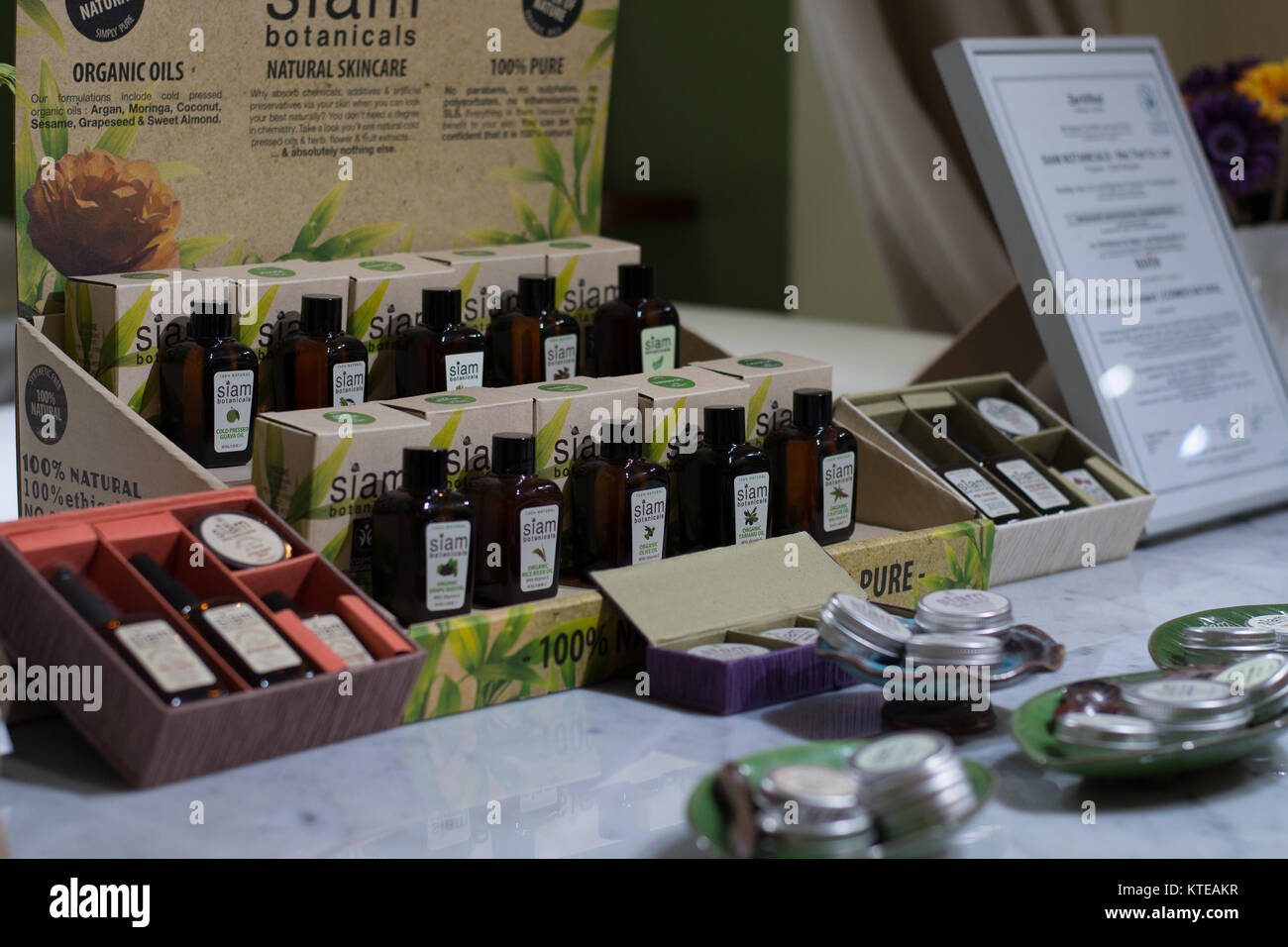 Bottles of aromatherapy spa essential oil on display for sale Stock ...