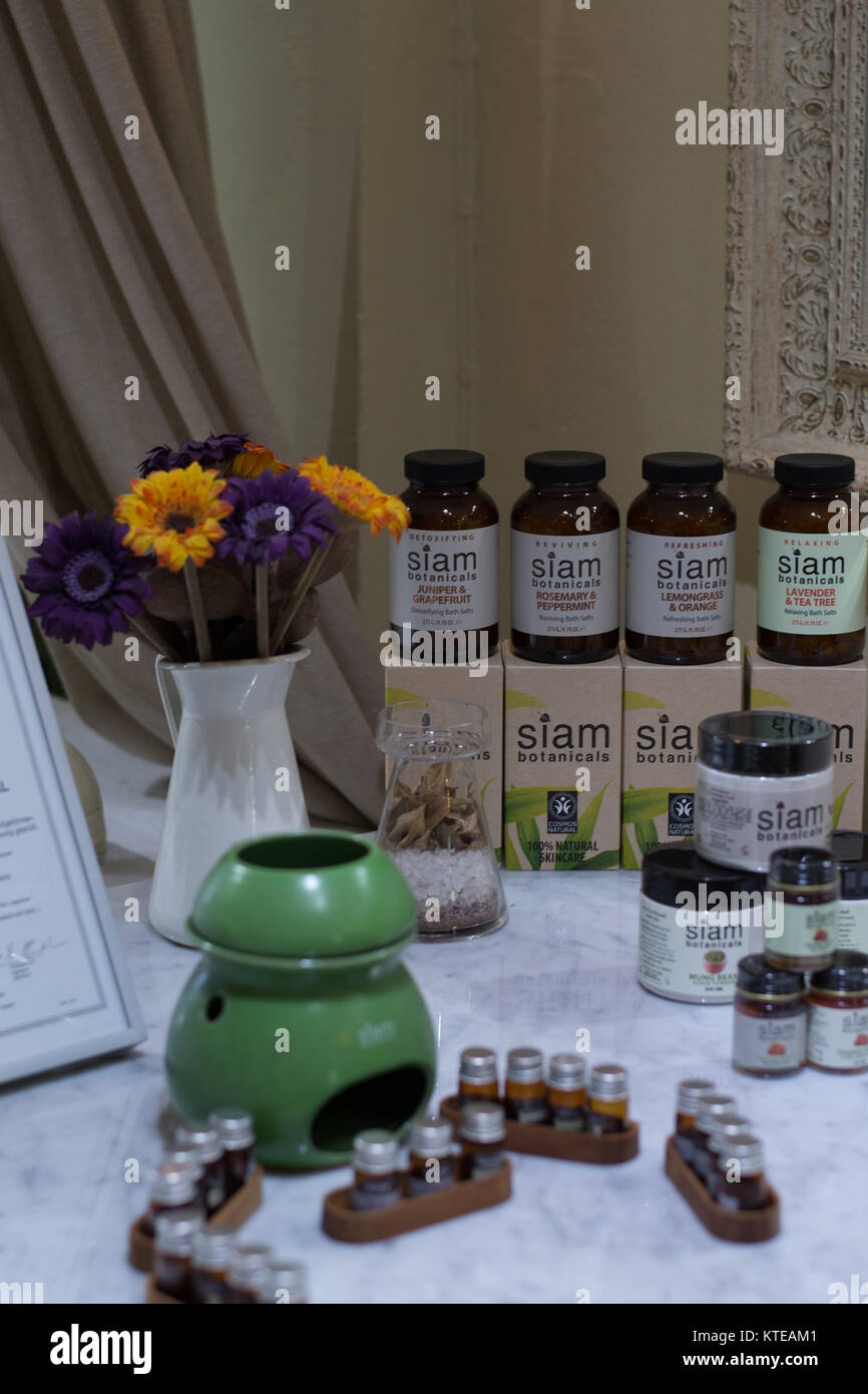 Bottles of aromatherapy spa essential oil on display for sale Stock ...