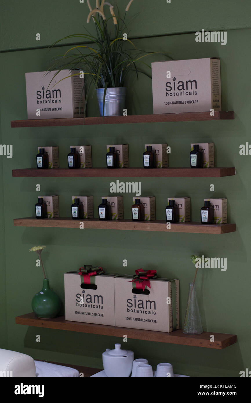 Bottles of aromatherapy spa essential oil on display for sale Stock ...