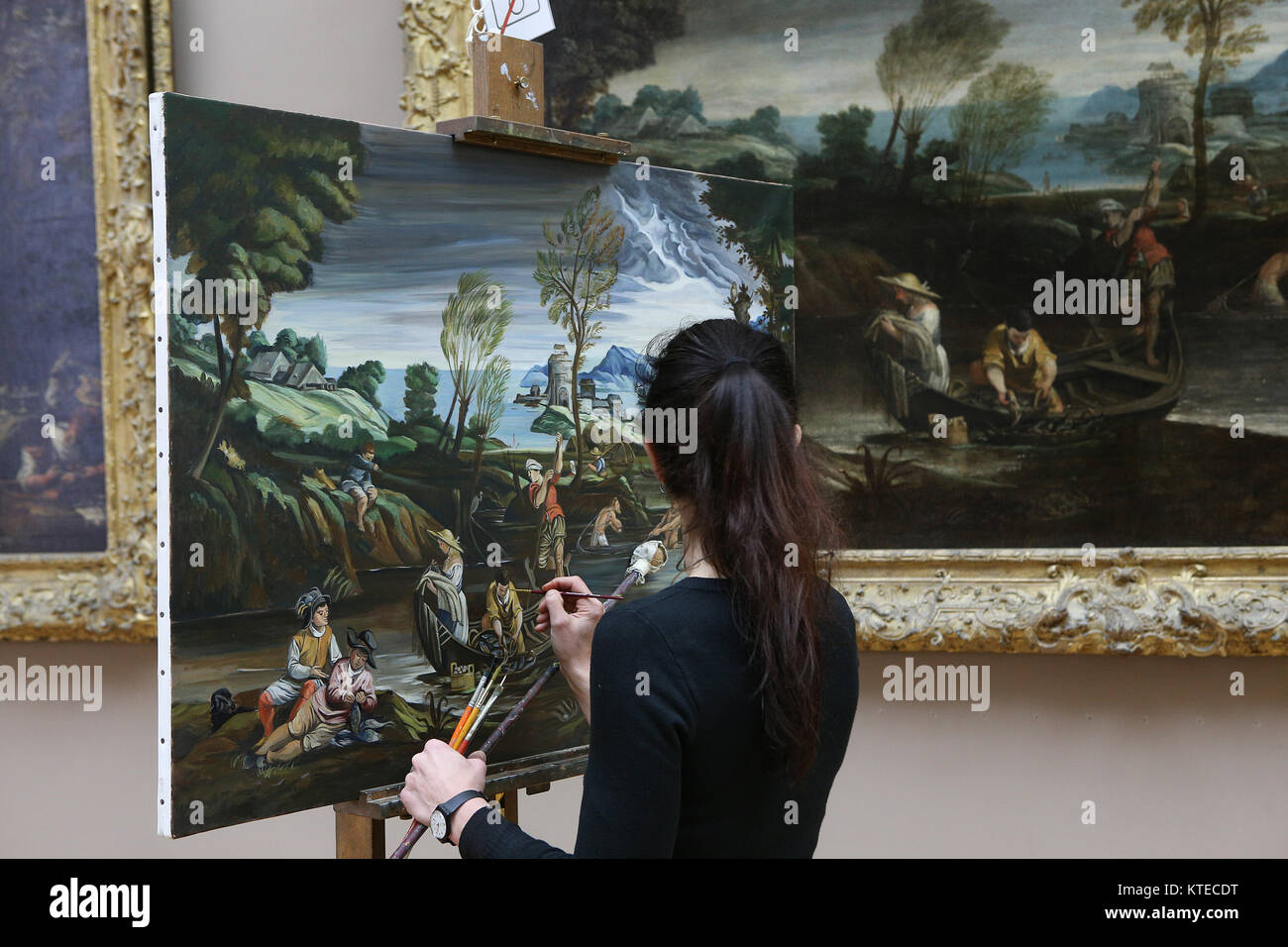 PARIS, FRANCE, MARCH 27, 2017 : copyist painter at work in the great ...