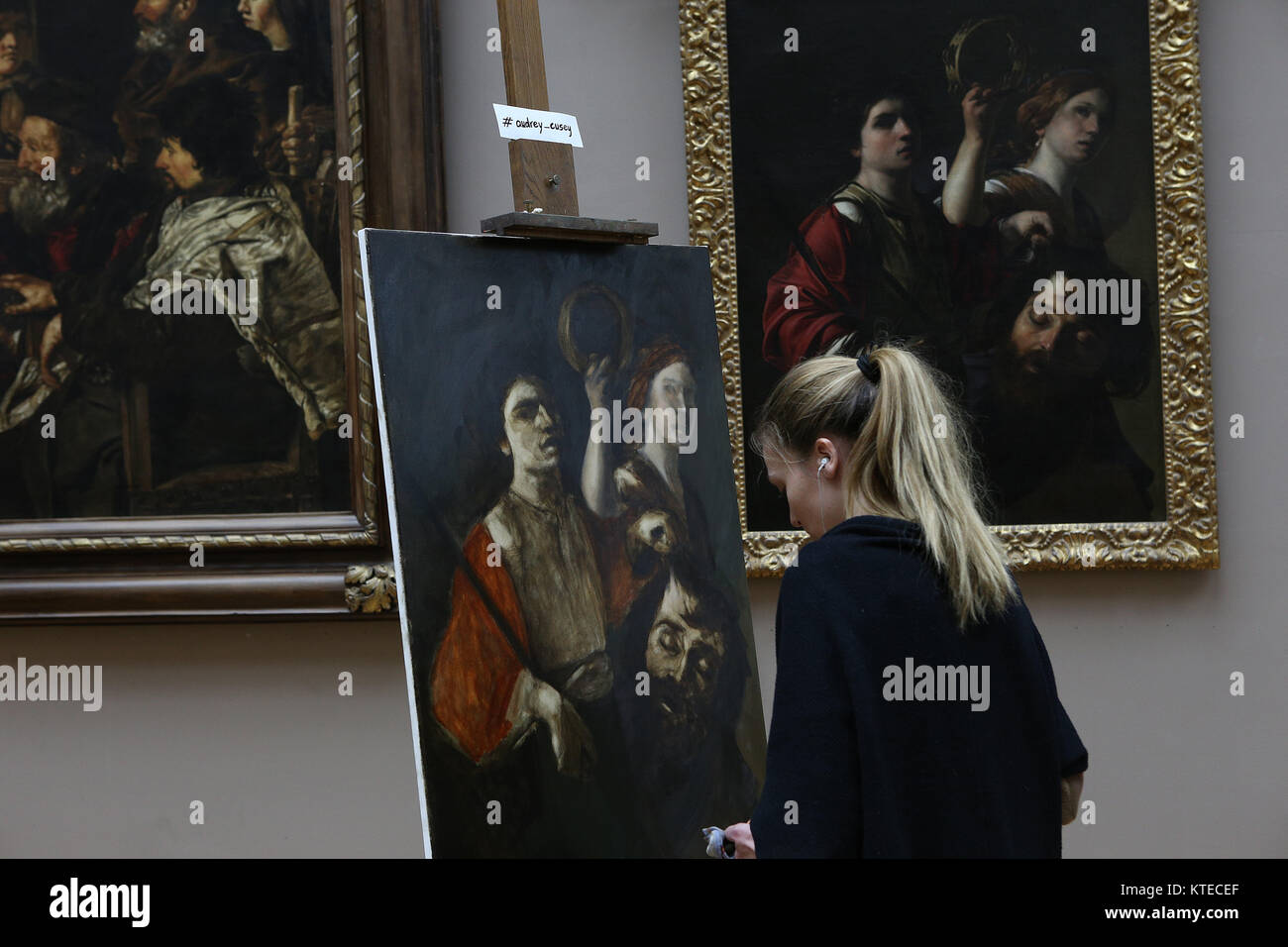 PARIS, FRANCE, MARCH 27, 2017 : copyist painter at work in the great ...