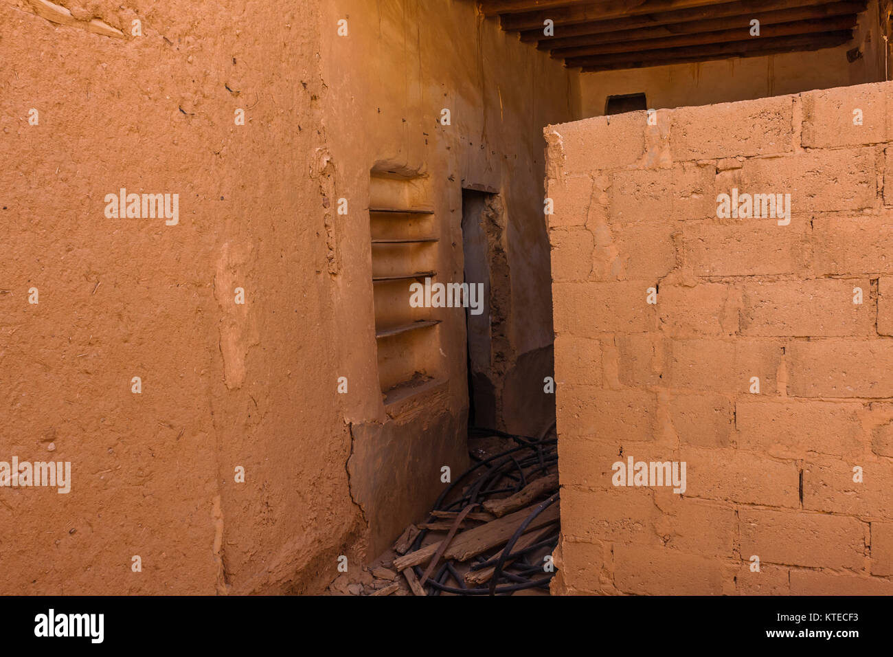 The interior of the abandoned traditional Arab mud brick house, Al ...